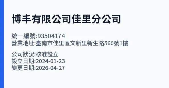 博丰有限公司佳里分公司的照片-統編 93504174(臺南市) 公司登記資料與營業項目詳細圖表