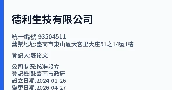 德利生技有限公司的照片-統編 93504511(臺南市) 公司登記資料與營業項目詳細圖表