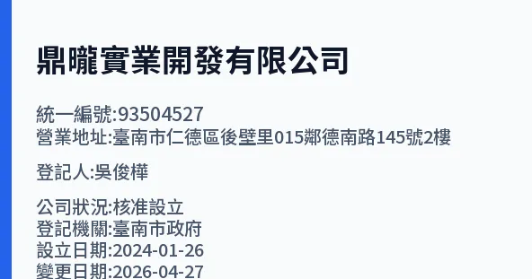 鼎曨實業開發有限公司的照片-統編 93504527(臺南市) 公司登記資料與營業項目詳細圖表