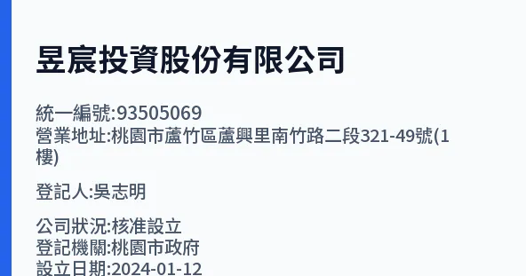 昱宸投資股份有限公司的照片-統編 93505069(桃園市) 公司登記資料與營業項目詳細圖表
