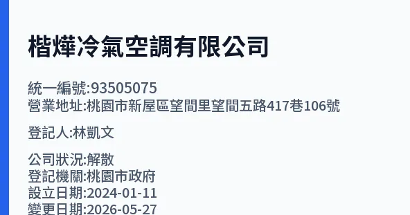 楷燁冷氣空調有限公司的照片-統編 93505075(桃園市) 公司登記資料與營業項目詳細圖表