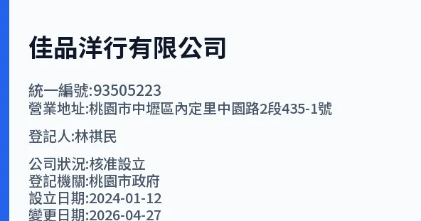 佳品洋行有限公司的照片-統編 93505223(桃園市) 公司登記資料與營業項目詳細圖表