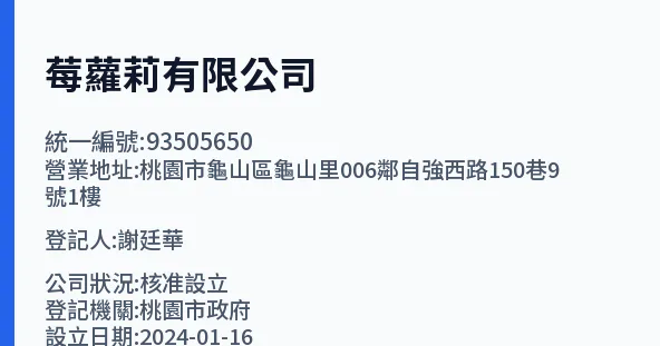 莓蘿莉有限公司的照片-統編 93505650(桃園市) 公司登記資料與營業項目詳細圖表