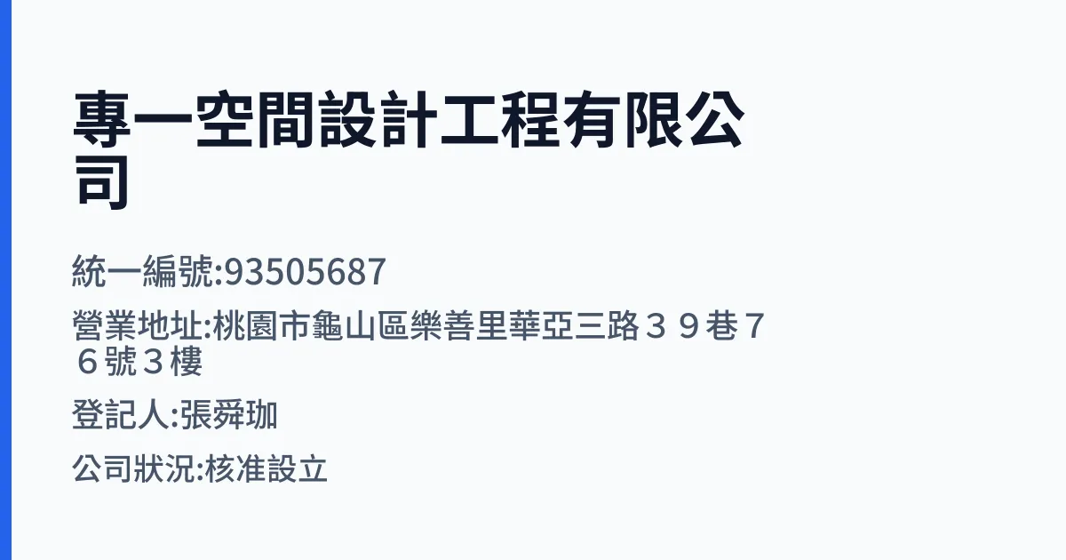 專一空間設計工程有限公司 - 統編 93505687(桃園市) 公司登記資料與營業項目詳細圖表