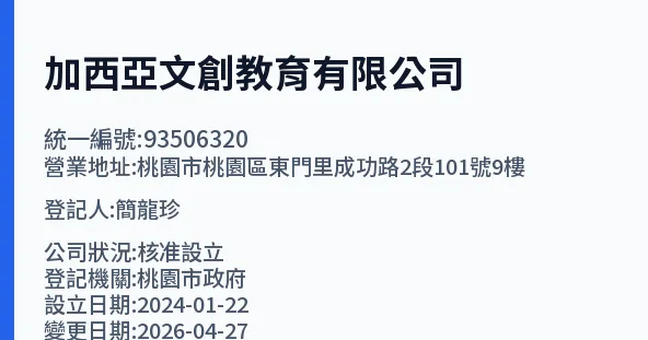 加西亞文創教育有限公司的照片-統編 93506320(桃園市) 公司登記資料與營業項目詳細圖表