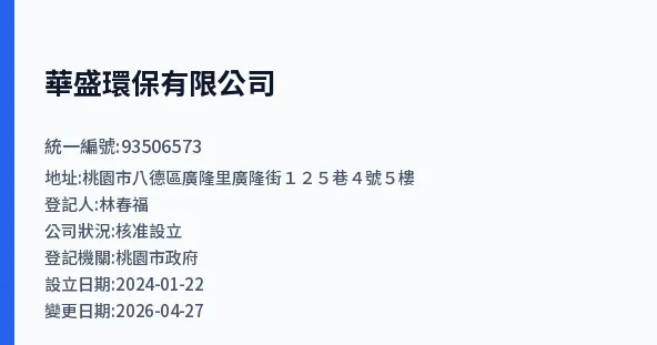 華盛環保有限公司的照片-統編 93506573(桃園市) 公司登記資料與營業項目詳細圖表