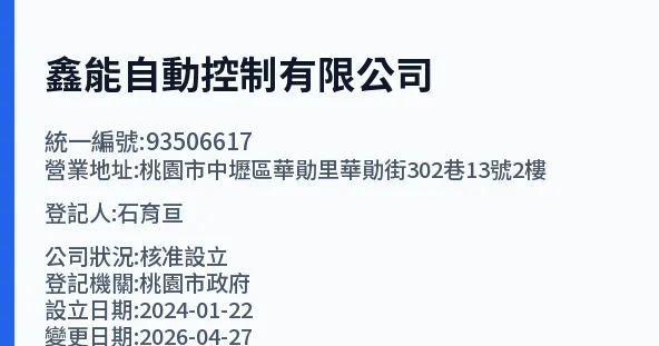 鑫能自動控制有限公司的照片-統編 93506617(桃園市) 公司登記資料與營業項目詳細圖表