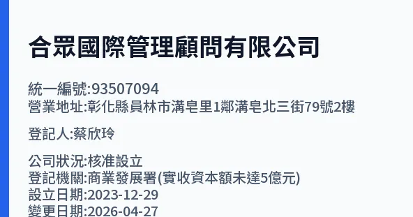 合眾國際管理顧問有限公司的照片-統編 93507094(彰化縣) 公司登記資料與營業項目詳細圖表