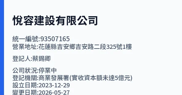 悅容建設有限公司的照片-統編 93507165(花蓮縣) 公司登記資料與營業項目詳細圖表