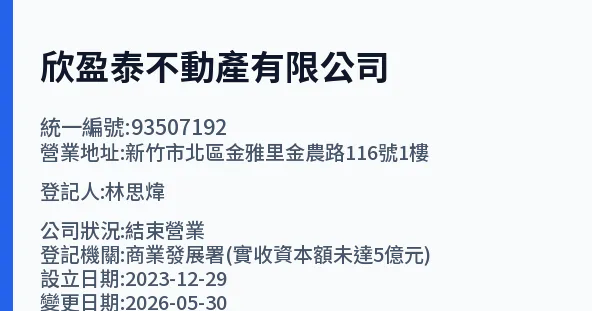 欣盈泰不動產有限公司的照片-統編 93507192(新竹市) 公司登記資料與營業項目詳細圖表