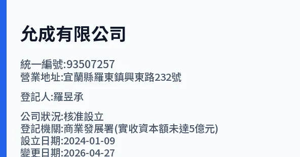 允成有限公司的照片-統編 93507257(宜蘭縣) 公司登記資料與營業項目詳細圖表