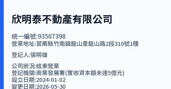 欣明泰不動產有限公司的照片-統編 93507398(苗栗縣) 公司登記資料與營業項目詳細圖表