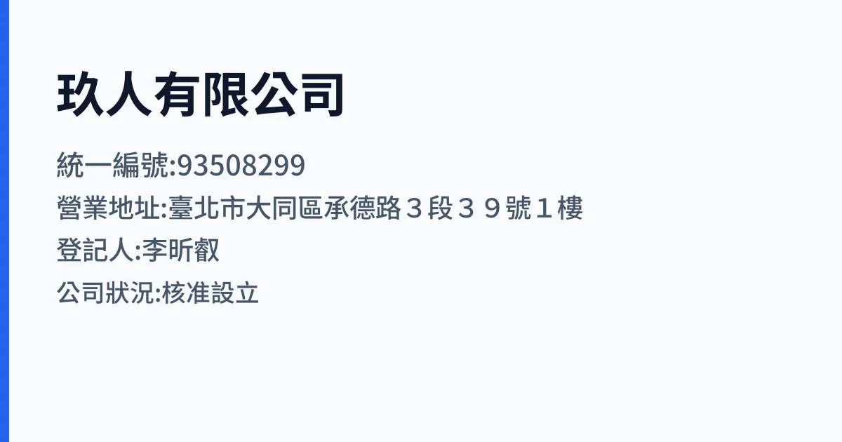玖人有限公司 - 統編 93508299(臺北市) 公司登記資料與營業項目詳細圖表
