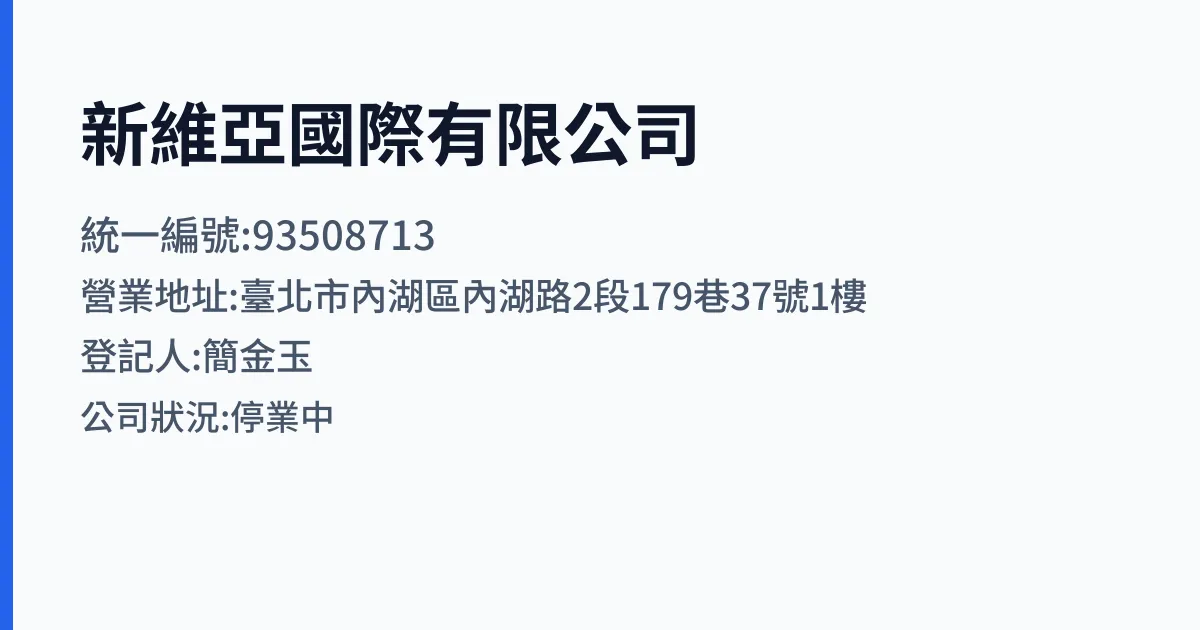 新維亞國際有限公司 - 統編 93508713(臺北市) 公司登記資料與營業項目詳細圖表