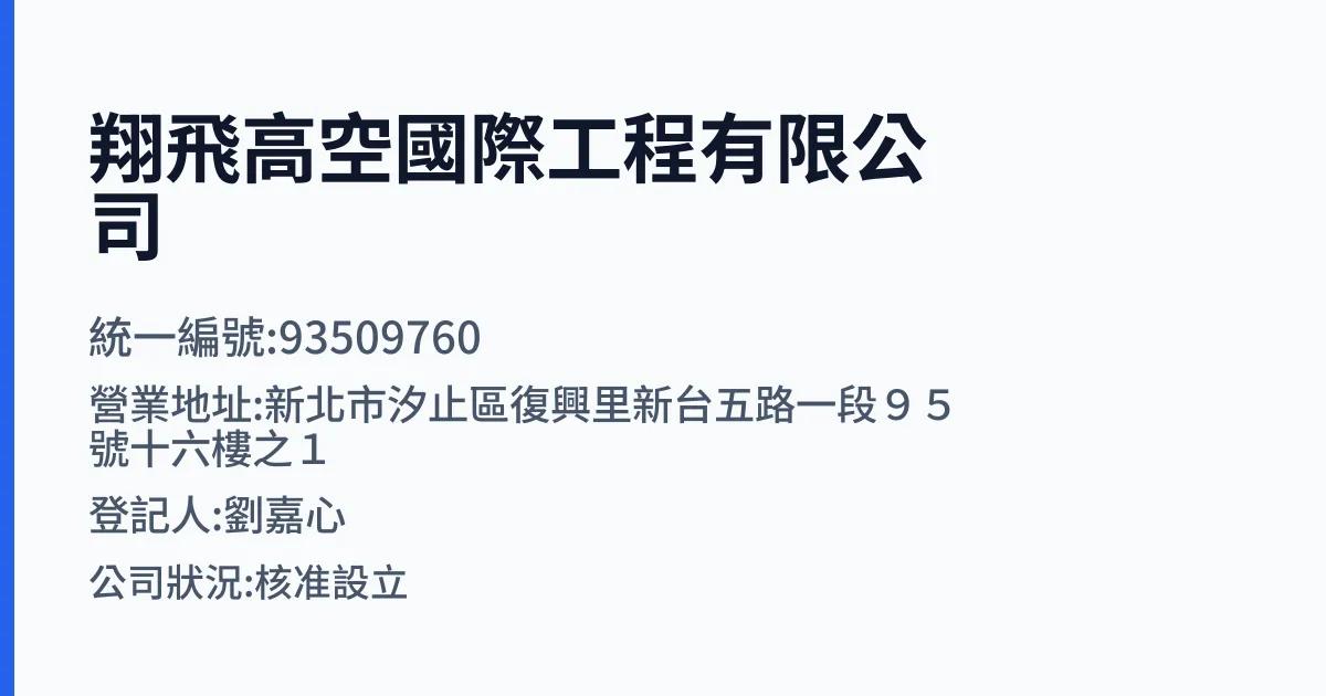 翔飛高空國際工程有限公司 - 統編 93509760(新北市) 公司登記資料與營業項目詳細圖表