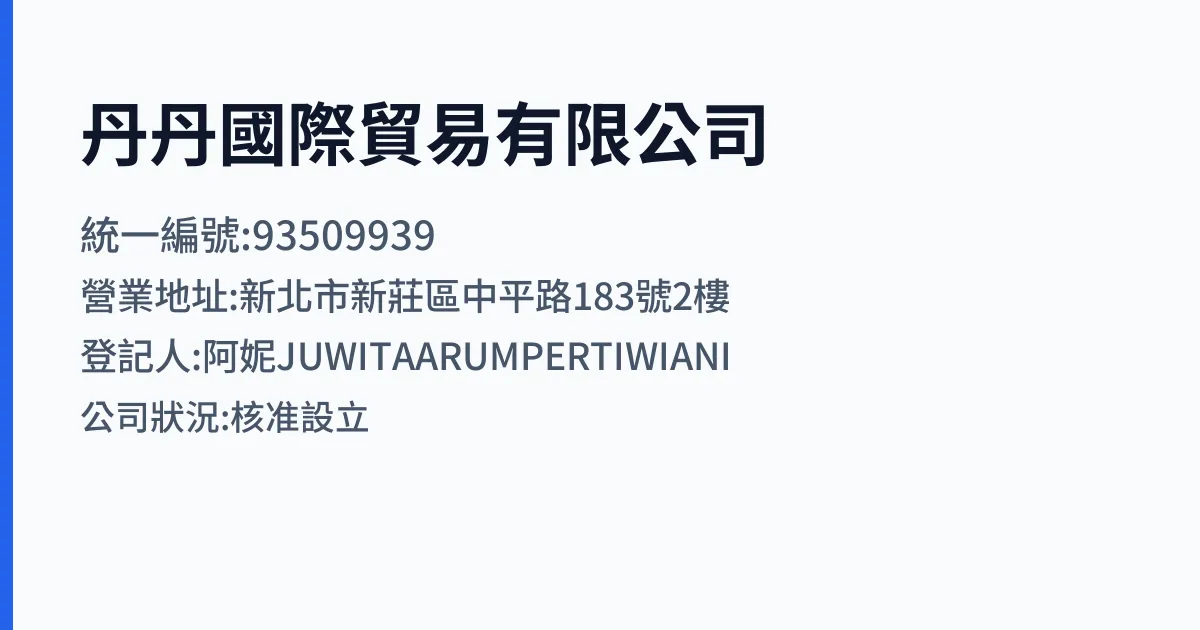 丹丹國際貿易有限公司 - 統編 93509939(新北市) 公司登記資料與營業項目詳細圖表