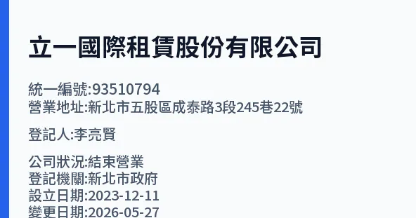立一國際租賃股份有限公司的照片-統編 93510794(新北市) 公司登記資料與營業項目詳細圖表