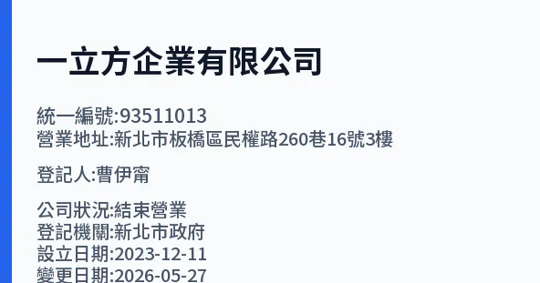 一立方企業有限公司的照片-統編 93511013(新北市) 公司登記資料與營業項目詳細圖表