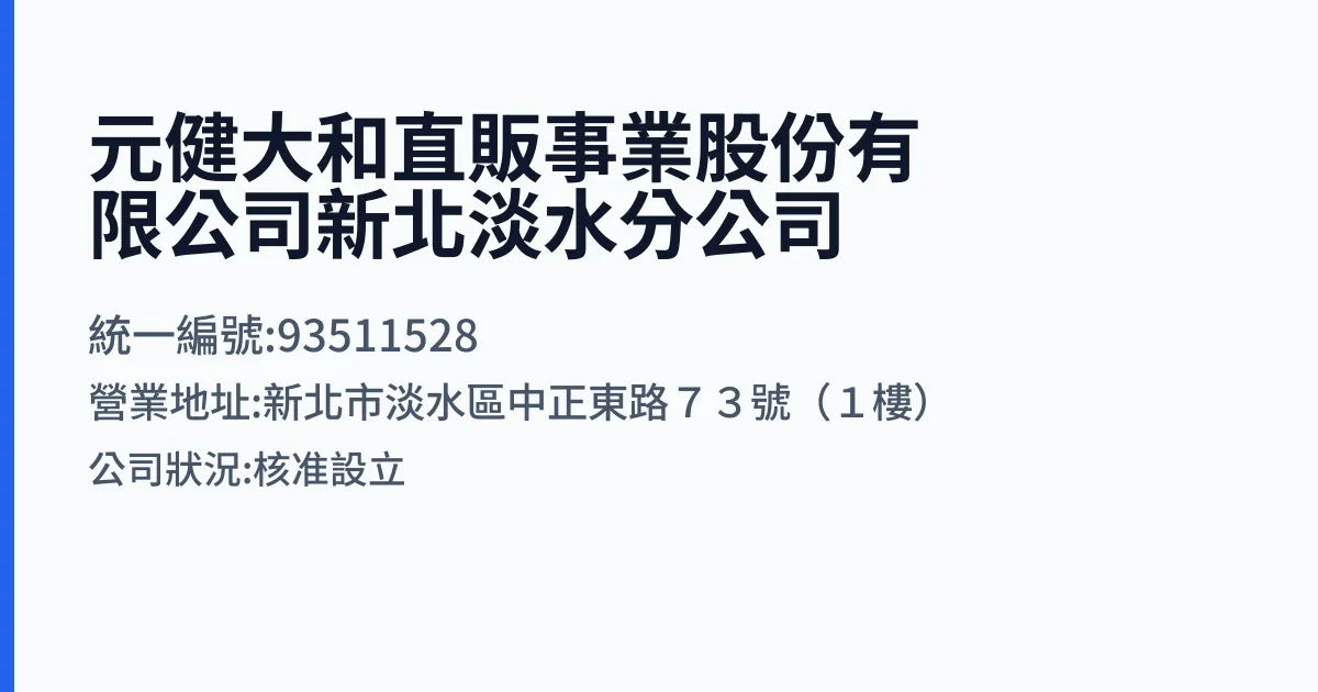 元健大和直販事業股份有限公司新北淡水分公司 - 統編 93511528(新北市) 公司登記資料與營業項目詳細圖表
