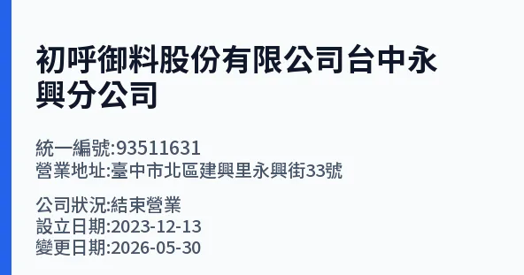 初呼御料股份有限公司台中永興分公司的照片-統編 93511631(臺中市) 公司登記資料與營業項目詳細圖表