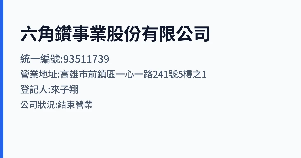 六角鑽事業股份有限公司 - 統編 93511739(高雄市) 公司登記資料與營業項目詳細圖表