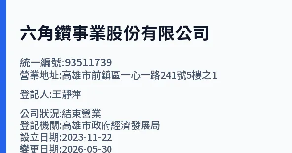 六角鑽事業股份有限公司的照片-統編 93511739(高雄市) 公司登記資料與營業項目詳細圖表