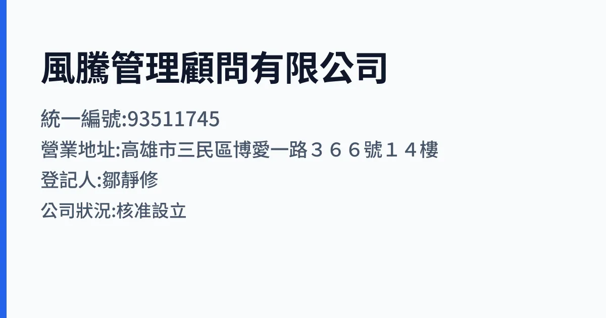 風騰管理顧問有限公司 - 統編 93511745(高雄市) 公司登記資料與營業項目詳細圖表