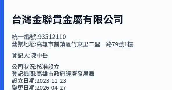 台灣金聯貴金屬有限公司的照片-統編 93512110(高雄市) 公司登記資料與營業項目詳細圖表