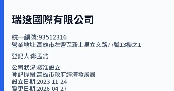 瑞逡國際有限公司的照片-統編 93512316(高雄市) 公司登記資料與營業項目詳細圖表