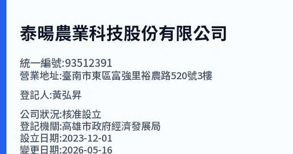 泰暘農業科技股份有限公司的照片-統編 93512391(臺南市) 公司登記資料與營業項目詳細圖表