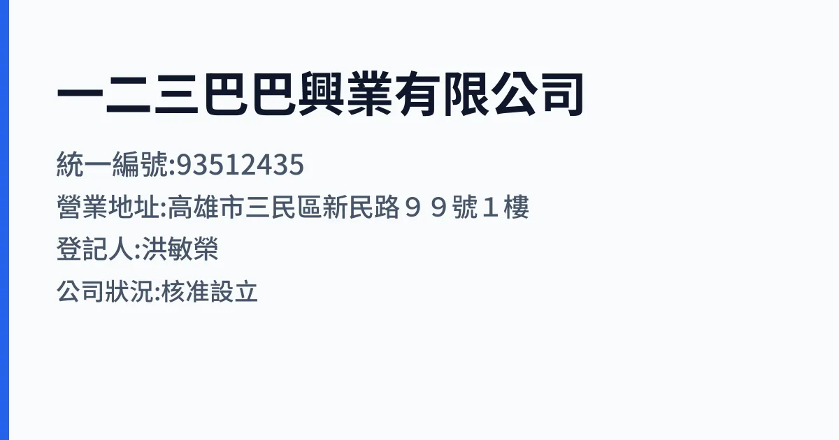 一二三巴巴興業有限公司 - 統編 93512435(高雄市) 公司登記資料與營業項目詳細圖表
