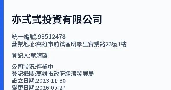 亦弍弎投資有限公司的照片-統編 93512478(高雄市) 公司登記資料與營業項目詳細圖表