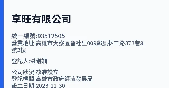 享旺有限公司的照片-統編 93512505(高雄市) 公司登記資料與營業項目詳細圖表