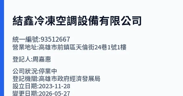結鑫冷凍空調設備有限公司的照片-統編 93512667(高雄市) 公司登記資料與營業項目詳細圖表