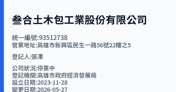 叁合土木包工業股份有限公司的照片-統編 93512738(高雄市) 公司登記資料與營業項目詳細圖表