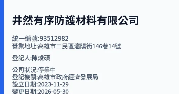 井然有序防護材料有限公司的照片-統編 93512982(高雄市) 公司登記資料與營業項目詳細圖表
