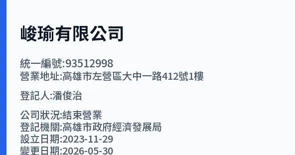 峻瑜有限公司的照片-統編 93512998(高雄市) 公司登記資料與營業項目詳細圖表
