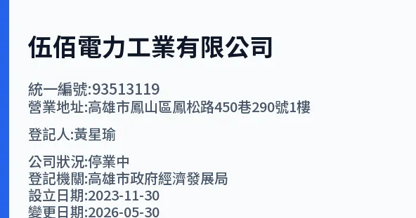 伍佰電力工業有限公司的照片-統編 93513119(高雄市) 公司登記資料與營業項目詳細圖表