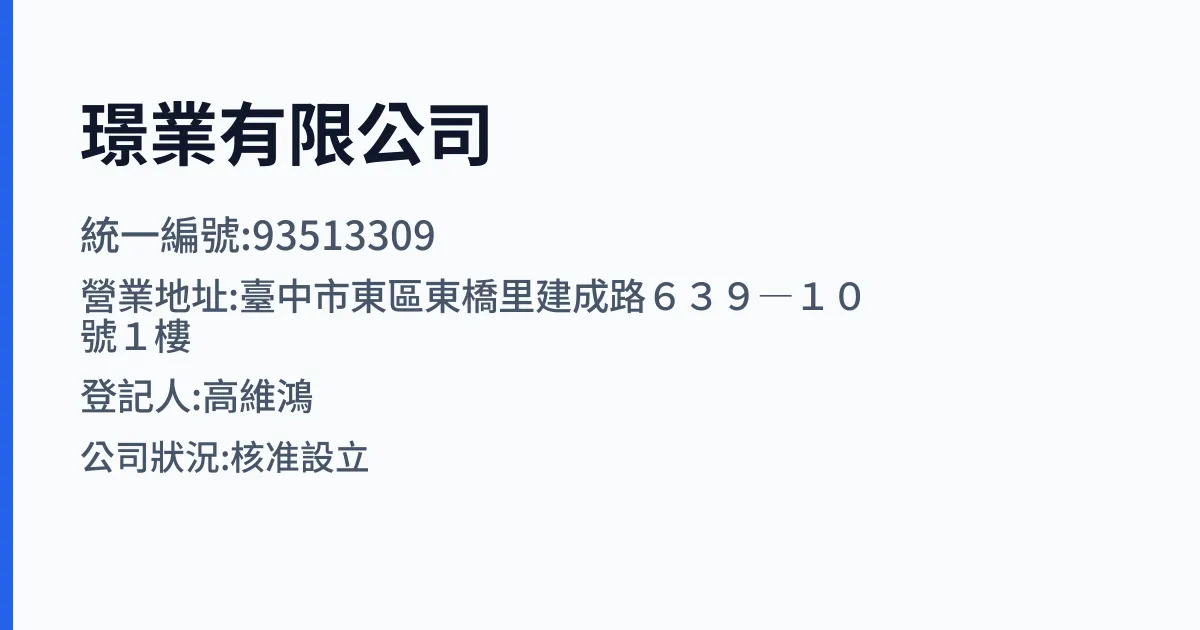 璟業有限公司 - 統編 93513309(臺中市) 公司登記資料與營業項目詳細圖表