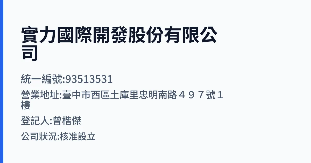 實力國際開發股份有限公司 - 統編 93513531(臺中市) 公司登記資料與營業項目詳細圖表