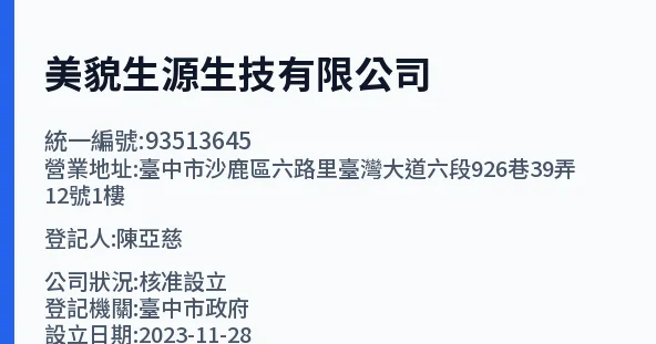 美貌生源生技有限公司的照片-統編 93513645(臺中市) 公司登記資料與營業項目詳細圖表