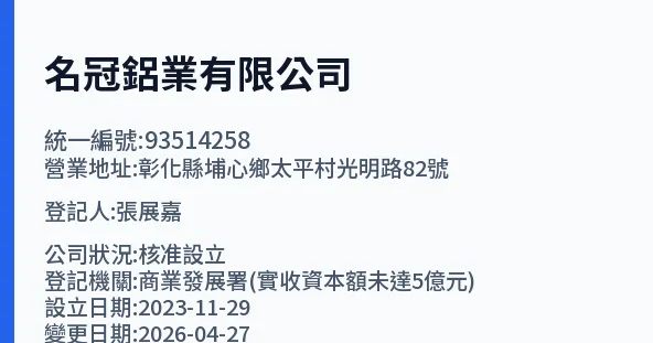 名冠鋁業有限公司的照片-統編 93514258(彰化縣) 公司登記資料與營業項目詳細圖表