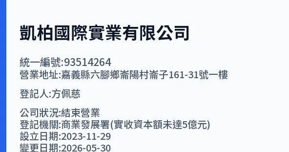 凱柏國際實業有限公司的照片-統編 93514264(嘉義縣) 公司登記資料與營業項目詳細圖表