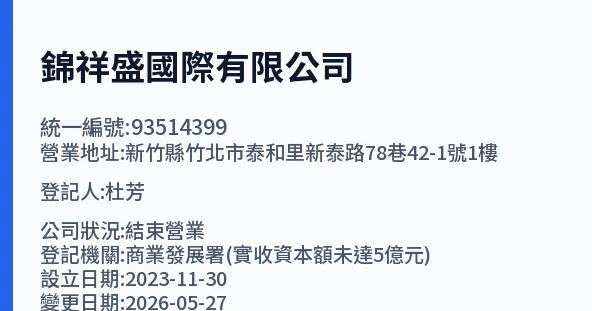 錦祥盛國際有限公司的照片-統編 93514399(新竹縣) 公司登記資料與營業項目詳細圖表