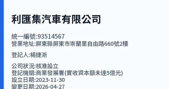 利匯集汽車有限公司的照片-統編 93514567(屏東縣) 公司登記資料與營業項目詳細圖表