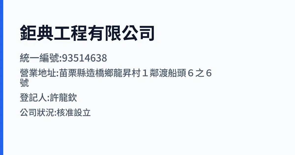 鉅典工程有限公司 - 統編 93514638(苗栗縣) 公司登記資料與營業項目詳細圖表