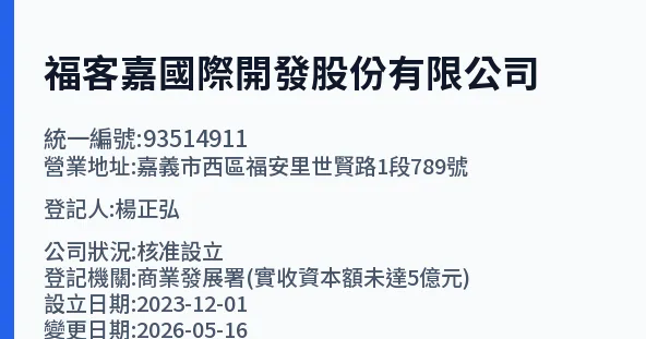 福客嘉國際開發股份有限公司的照片-統編 93514911(嘉義市) 公司登記資料與營業項目詳細圖表