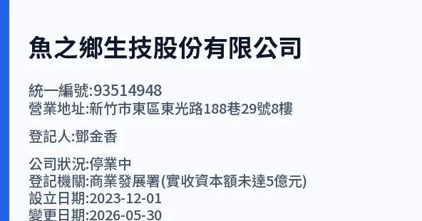 魚之鄉生技股份有限公司的照片-統編 93514948(新竹市) 公司登記資料與營業項目詳細圖表