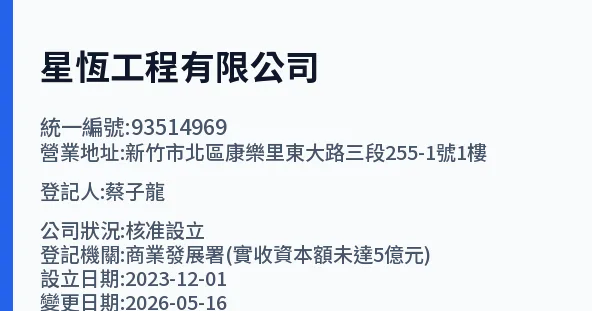 星恆工程有限公司的照片-統編 93514969(新竹市) 公司登記資料與營業項目詳細圖表