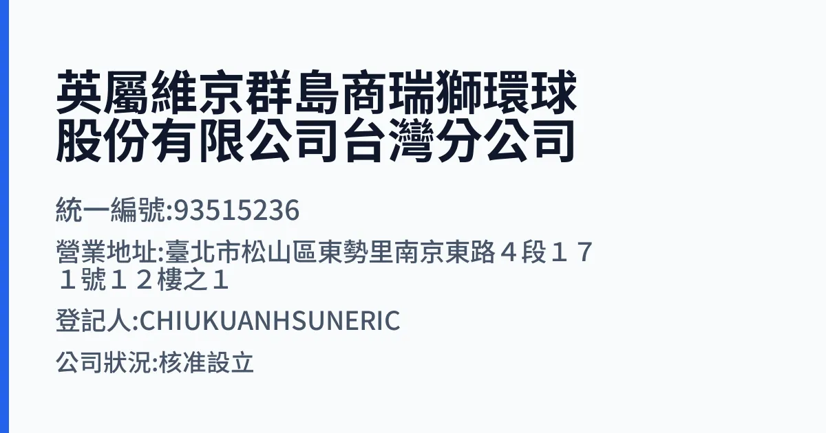 英屬維京群島商瑞獅環球股份有限公司台灣分公司 - 統編 93515236(臺北市) 公司登記資料與營業項目詳細圖表